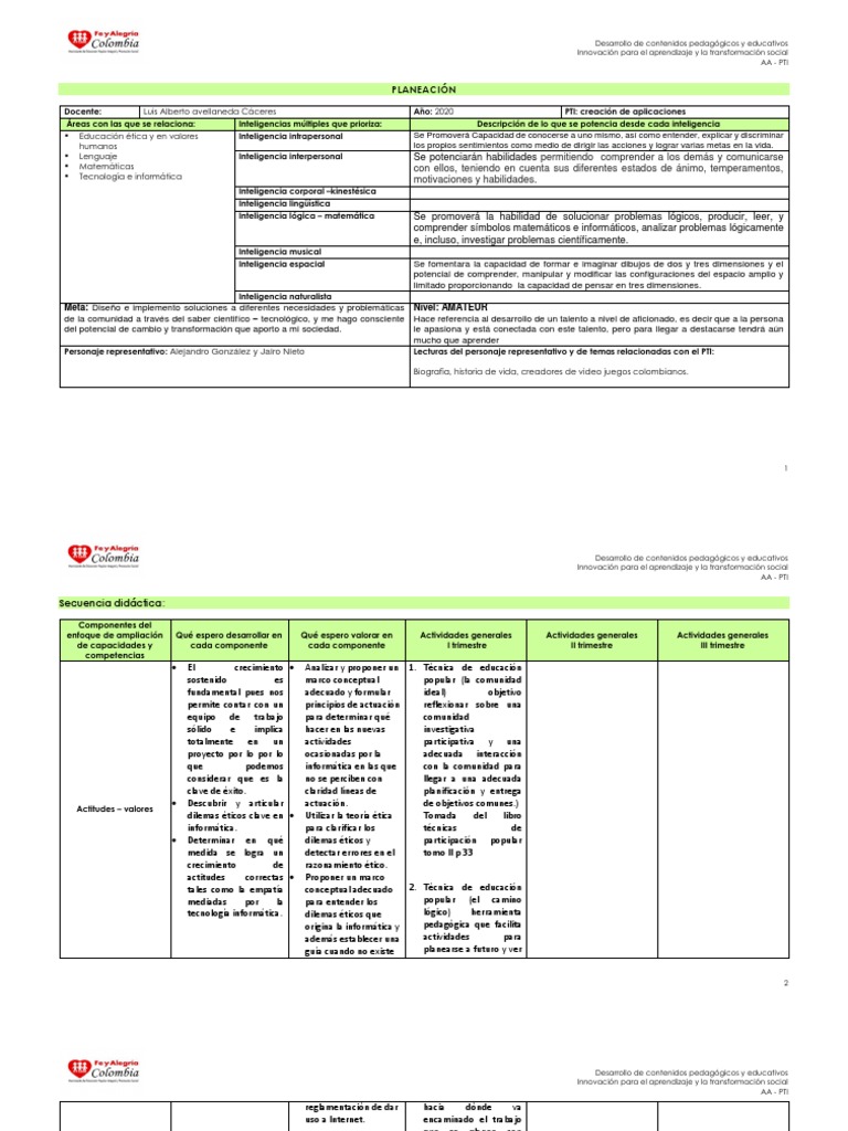 Formato Planeación PTI 2020 | PDF | Inteligencia | Aprendizaje