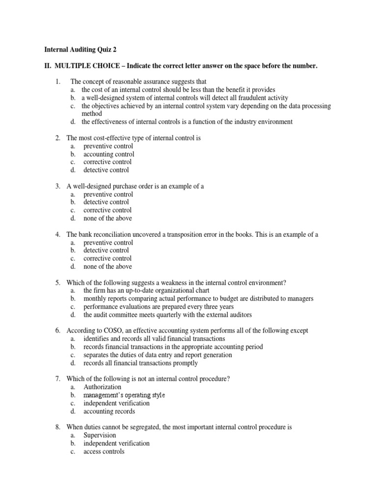 Internal Auditing Quiz 2 | PDF | Financial Audit | Internal Control