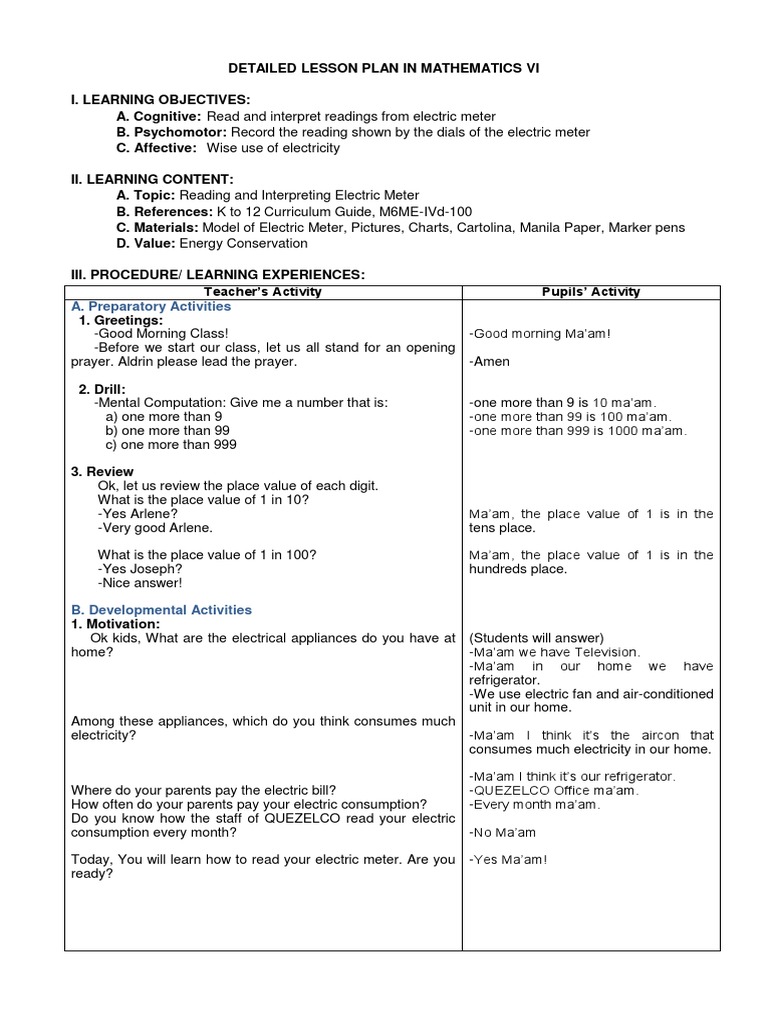 Electric Meter Reading Lesson Plan | PDF | Lesson Plan | Kilowatt Hour