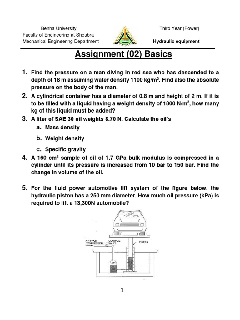 Hydraulic Equipment Assignment Problems | PDF | Density | Pressure