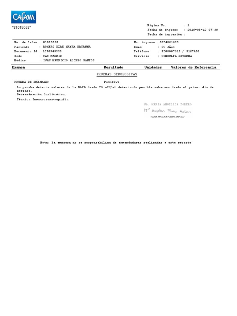 Hoja de Prueba de Embarazo Positiva PDF | PDF