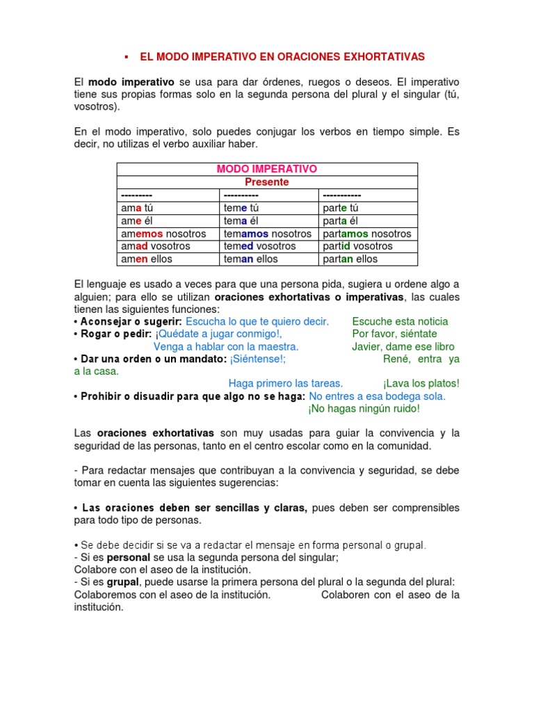 EL MODO IMPERATIVO EN ORACIONES EXHORTATIVAS | Verbo | Gramática