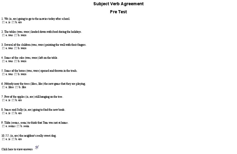 Subject Verb Agreement Pretest | PDF | Language Arts & Discipline