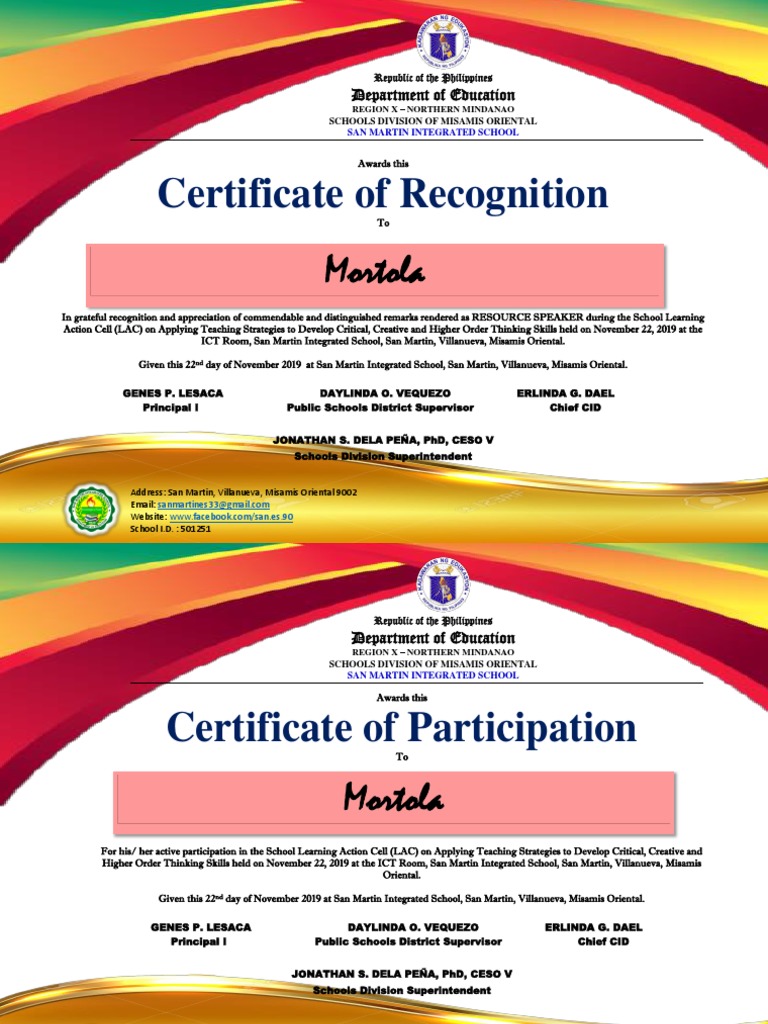 LAC Session Certificate Templates | PDF | Educational Psychology ...