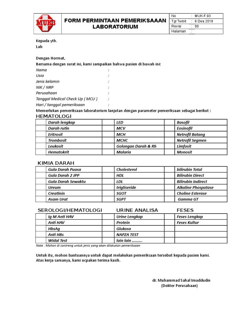 Form Permintaan Cek Lab | PDF