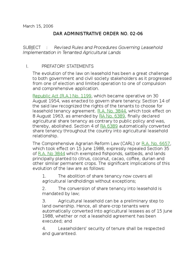 Dar Administrative Order No. 02-06 | PDF | Leasehold Estate | Sugarcane
