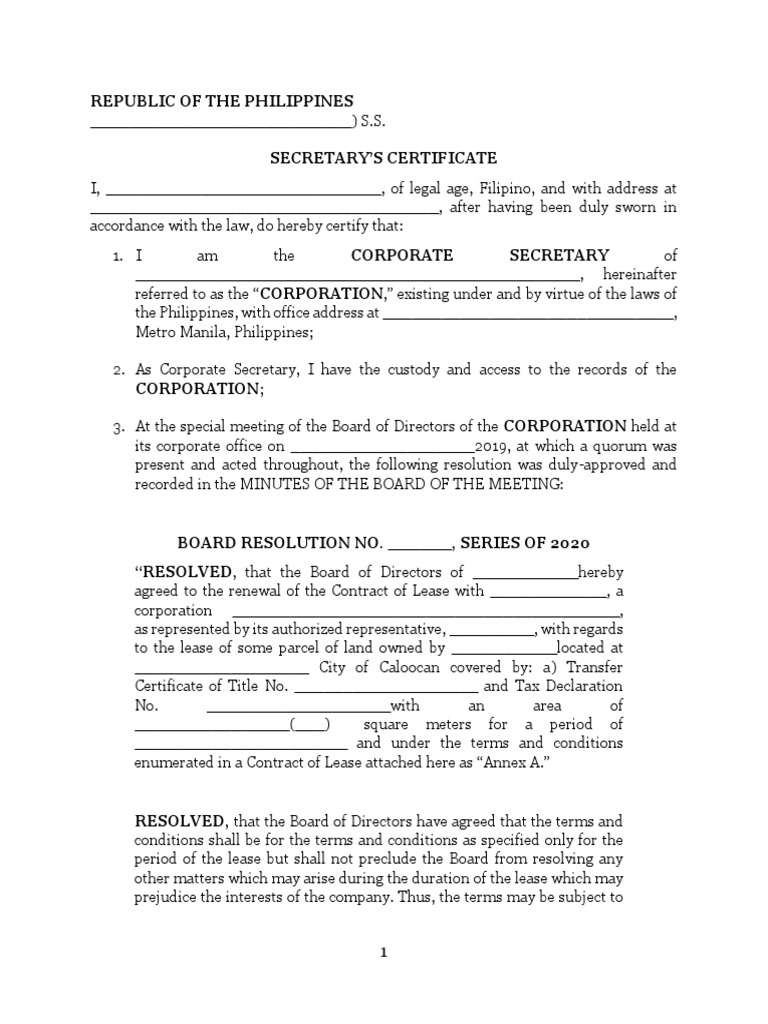 Secretarys Certificate - Renewal of Lease of Lot and Building - With Board Resolution | PDF ...