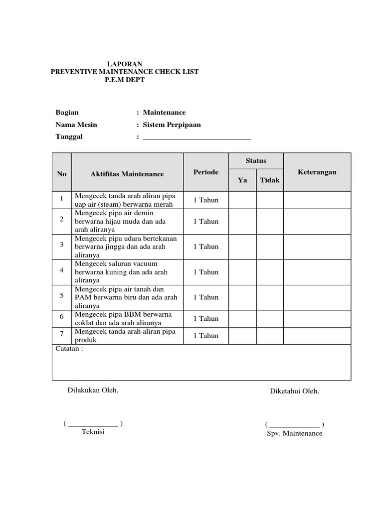 Maint Check List Penandaan Pipa - 2019 | PDF