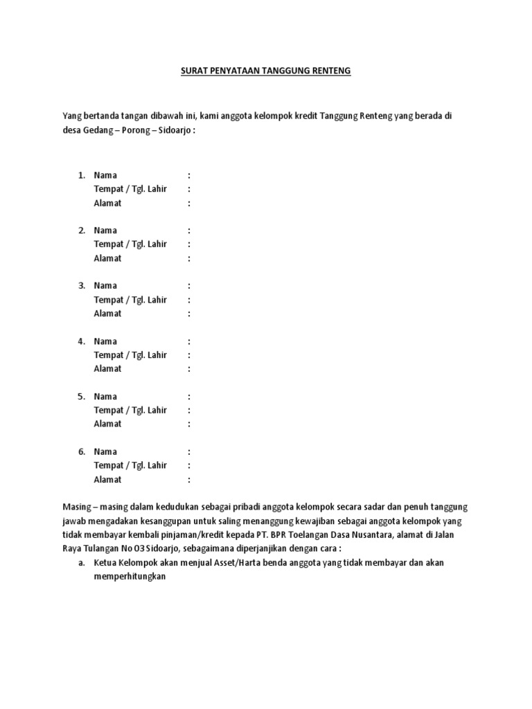 Surat Penyataan Tanggung Renteng | PDF