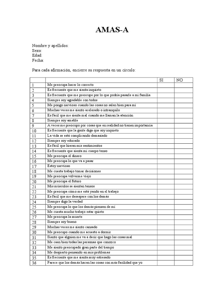 Test AMAS-A de Ansiedad y Preocupación | PDF | Relaciones personales ...