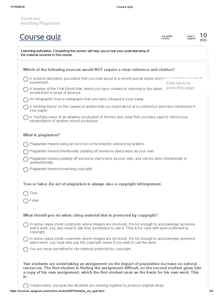Avoiding Plagiarism - Course Quiz Epigeum Online Course System | PDF ...