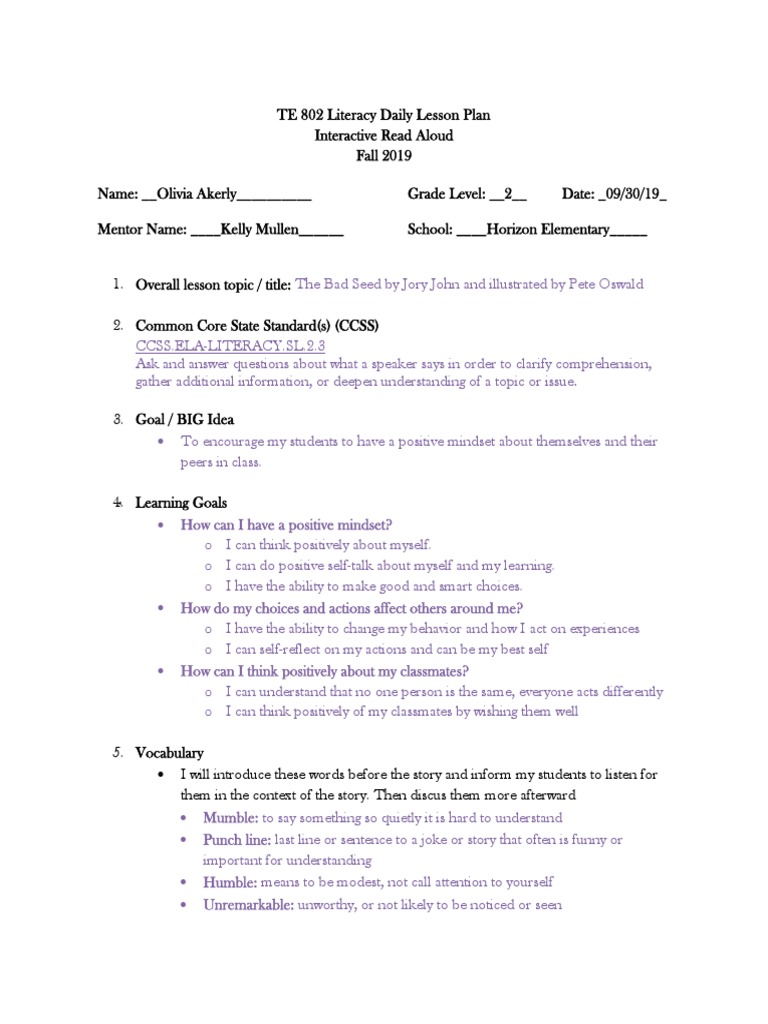 Interactive Read Aloud The Bad Seed | Download Free PDF | Lesson Plan ...