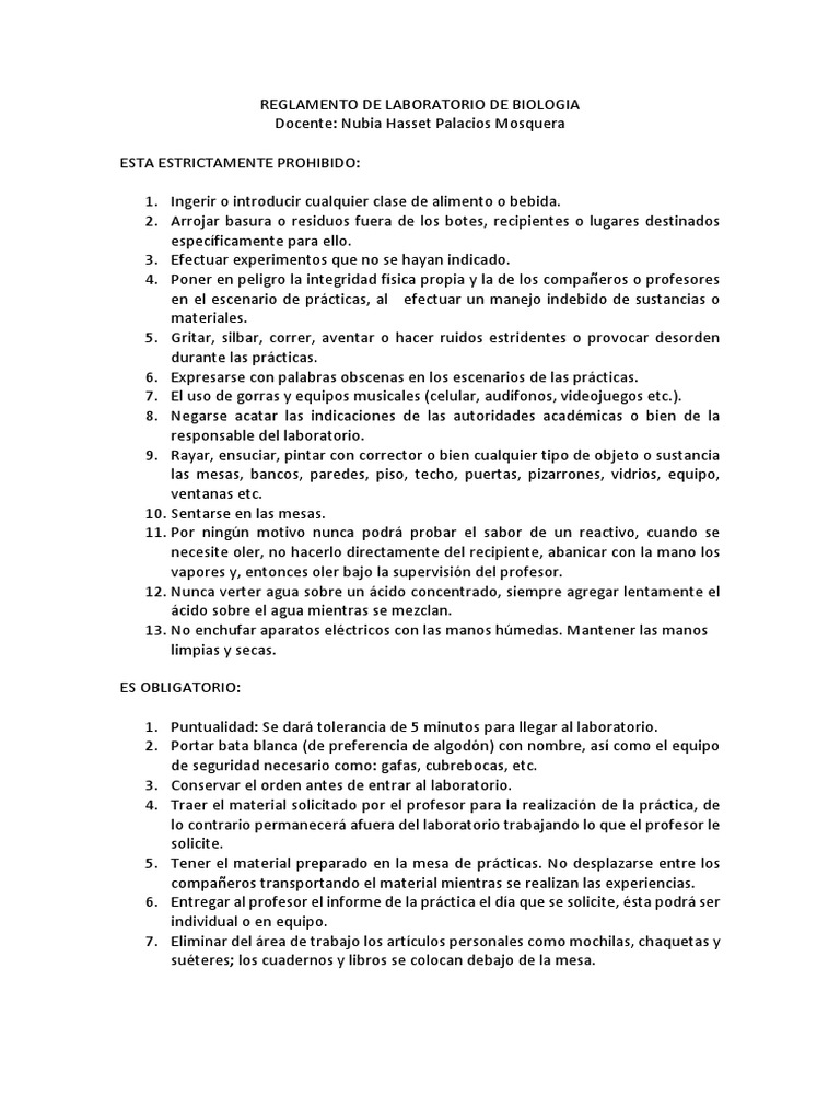 Reglas Del Laboratorio de Biologia | PDF | Laboratorios | Naturaleza