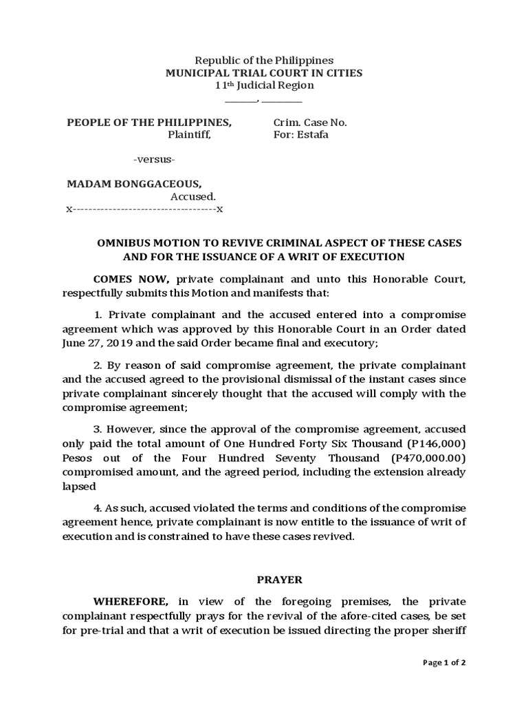 Motion To Revive Crim Case | PDF | Plaintiff | Writ