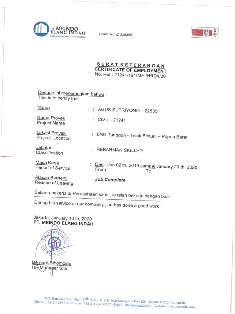 Contoh Paklaring - AGUS SUTRIYONO - REBARMAN - 22535 | PDF