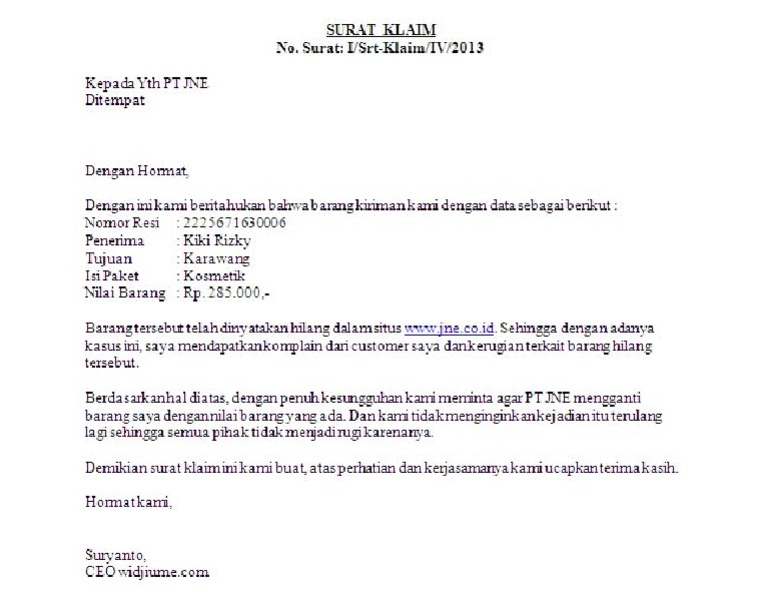 CONTOH SURAT KLAIM