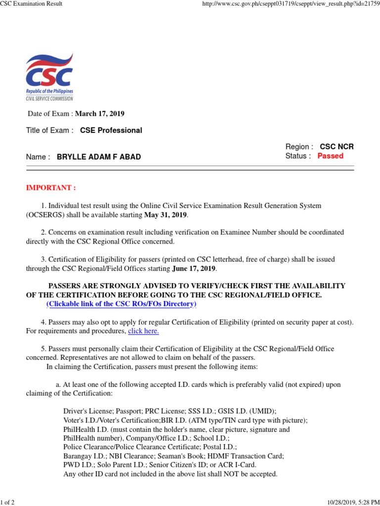 CSC Examination Result | PDF | Document | Identity Document