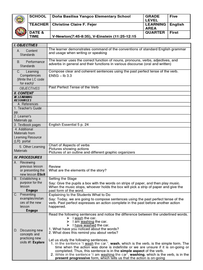 ENGLISH 5 Q1-W2-D4 - Aspect of Verbs | PDF | Perfect (Grammar) | Verb