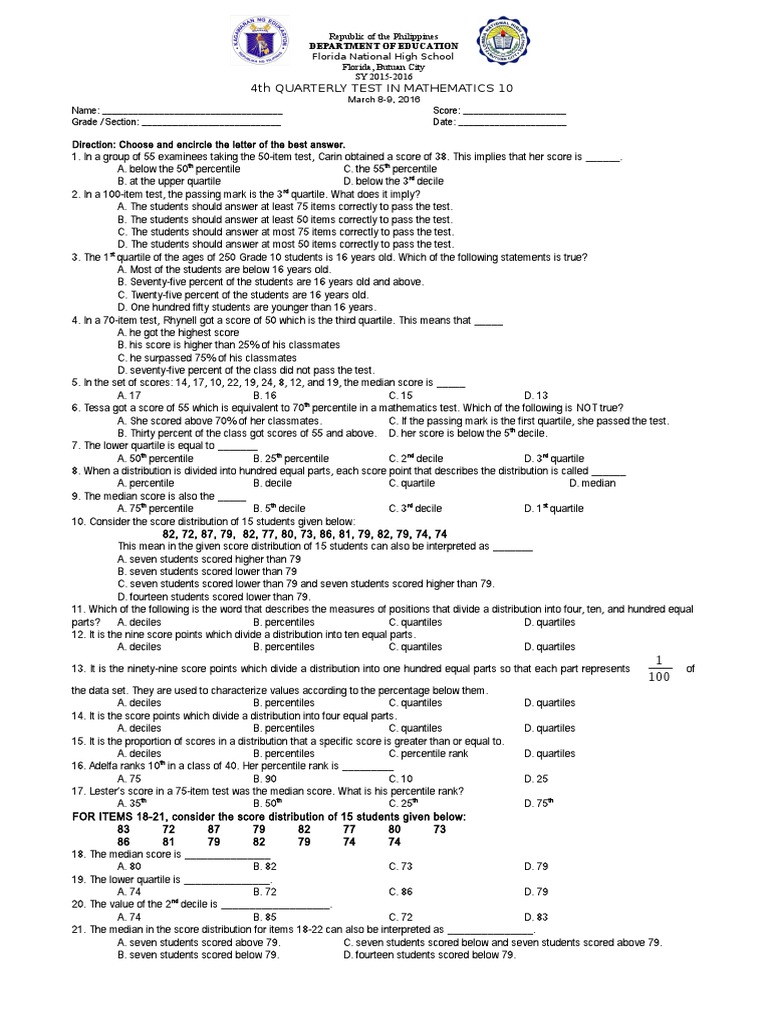 G10 Math 4TH QTR | PDF | Percentile | Quantile