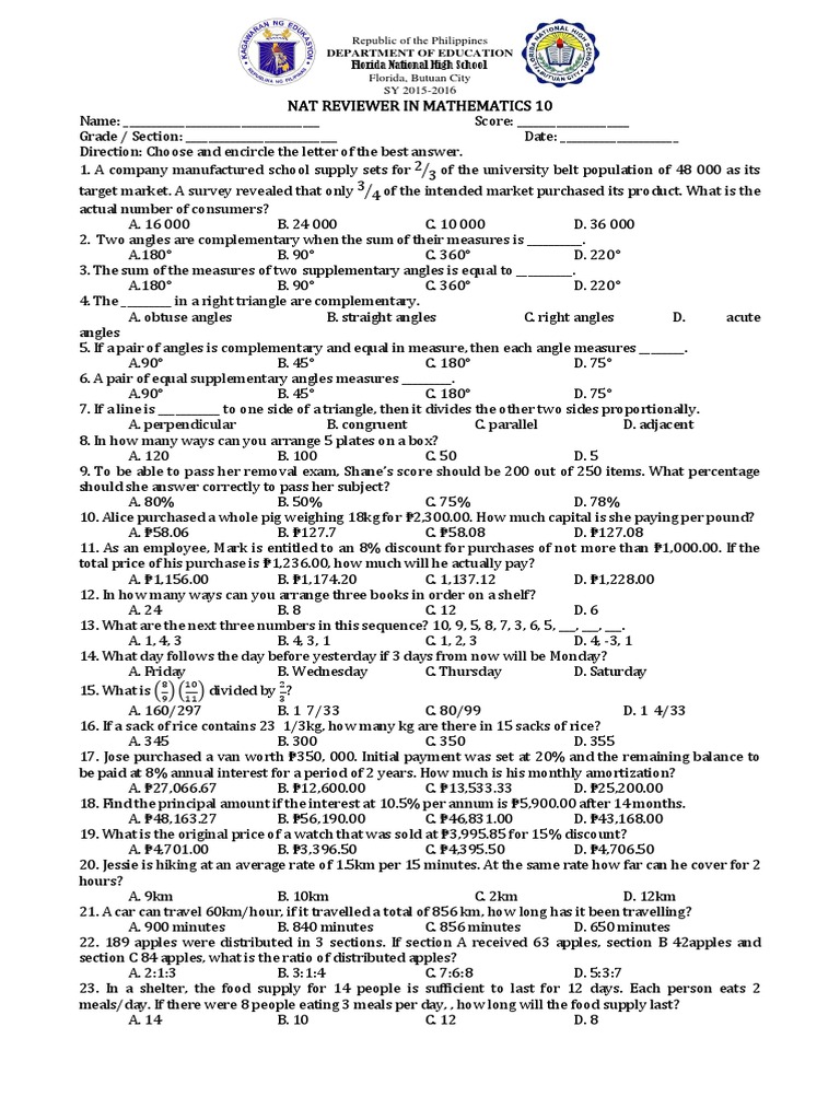 Nat Reviewer in Math10 | PDF | Percentile | Elementary Mathematics