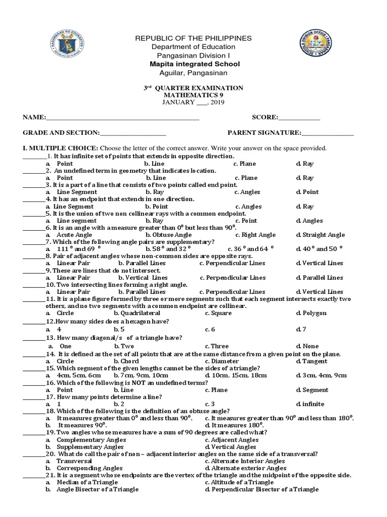 Third Quarter Exam Grade 7 | PDF | Triangle | Line (Geometry)