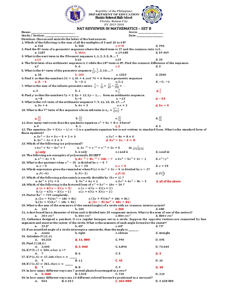 Nat Reviewer Set B - Math 10 | PDF | Sequence | Probability