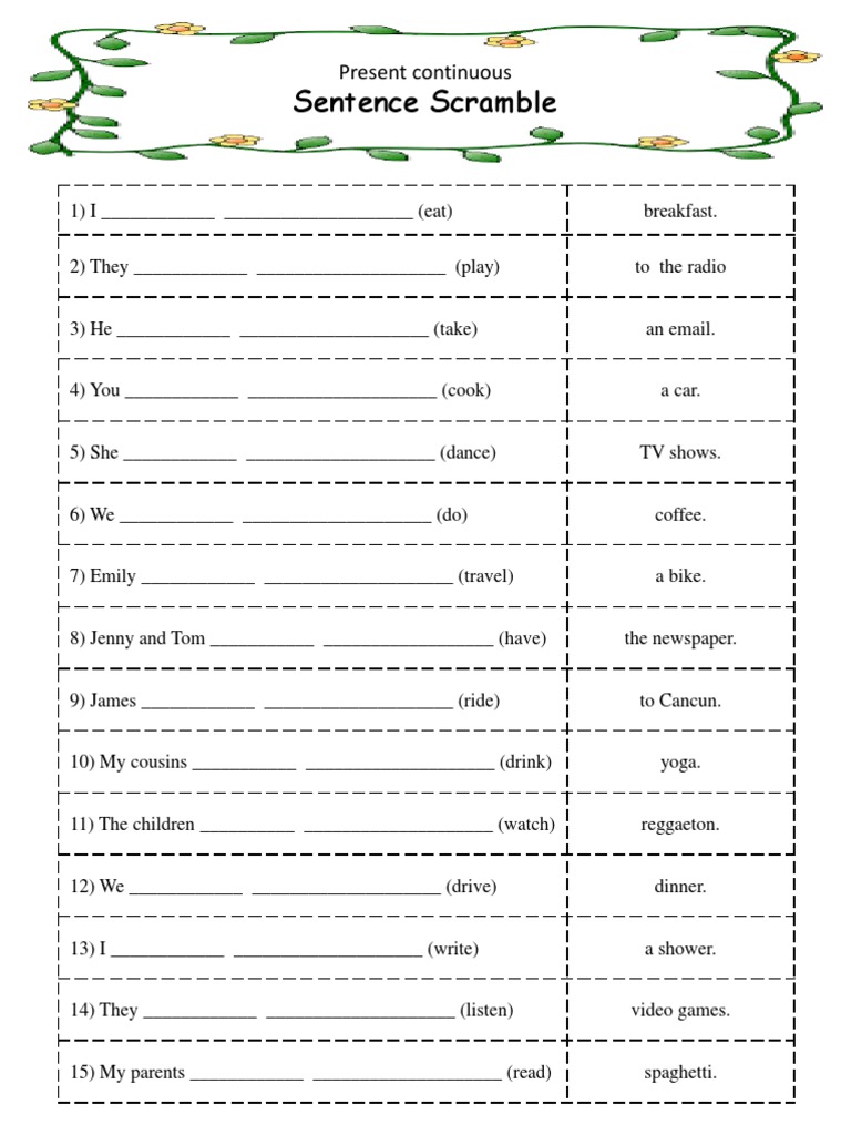 Present Continuous Sentence Scramble | PDF
