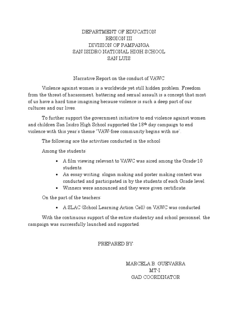 Narrative Report On The Conduct of VAWC | PDF