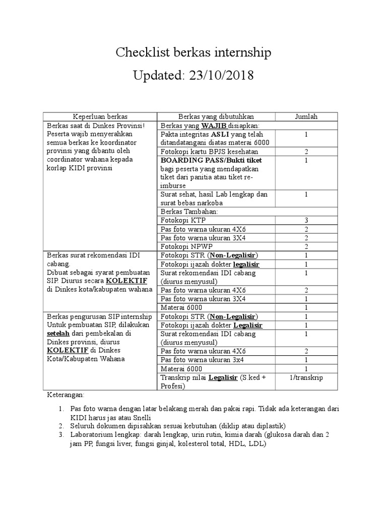Checklist Berkas Internship | PDF