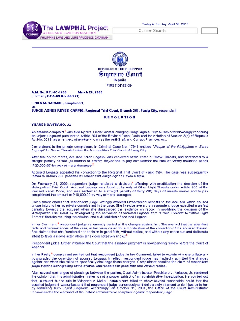 Dismissal of Complaint Against Judge Carpio | PDF | Judgment (Law ...