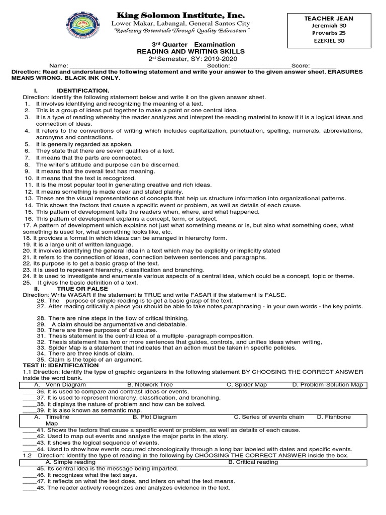 Identification Exam in Reading | PDF | Critical Thinking | Logic