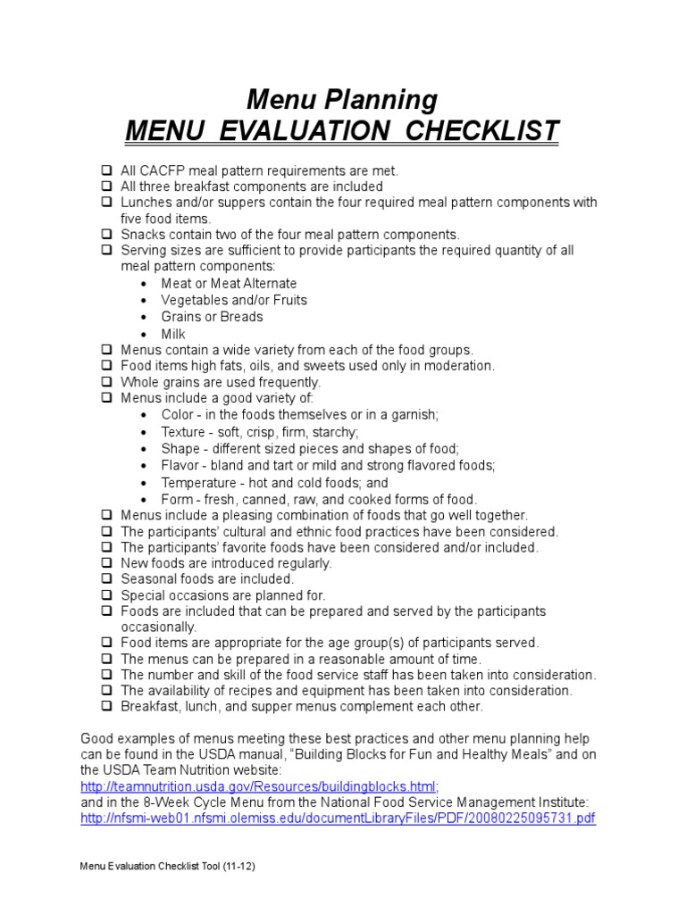 Menu Evaluation Checklist | PDF | Cooking, Food & Wine