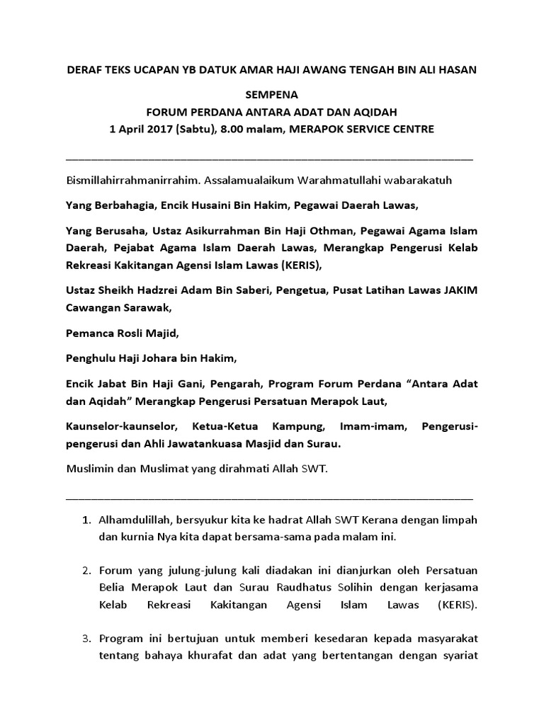 Deraf Teks Ucapan Yb Datuk Amar Haji Awang Tengah Bin Ali Hasan | PDF