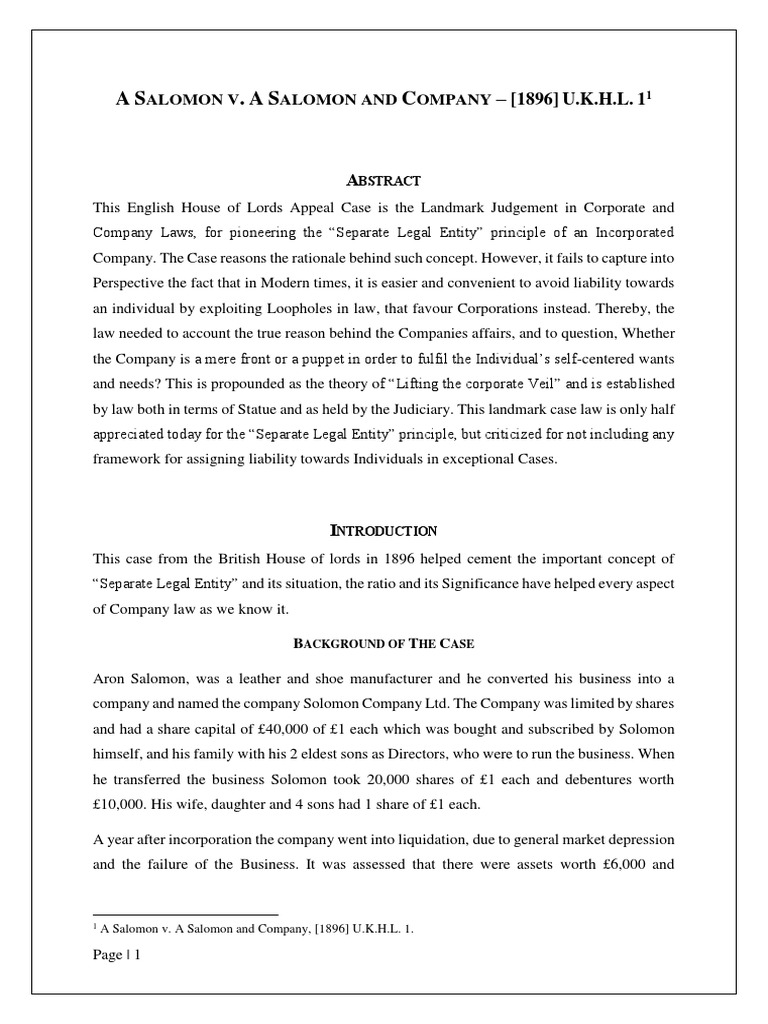 Analysis of Seperate Legal Entity Using Solomon. Solomon Case | PDF ...