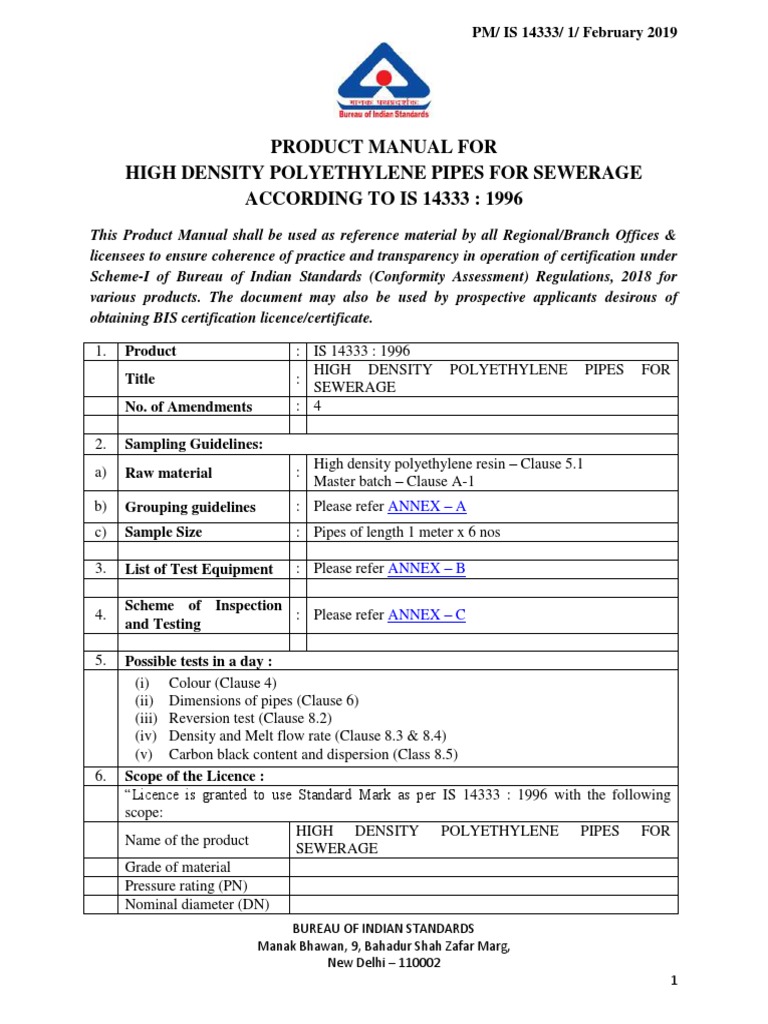IS 14333 Product Manual 1 | PDF | Polyethylene | Pipe (Fluid Conveyance)