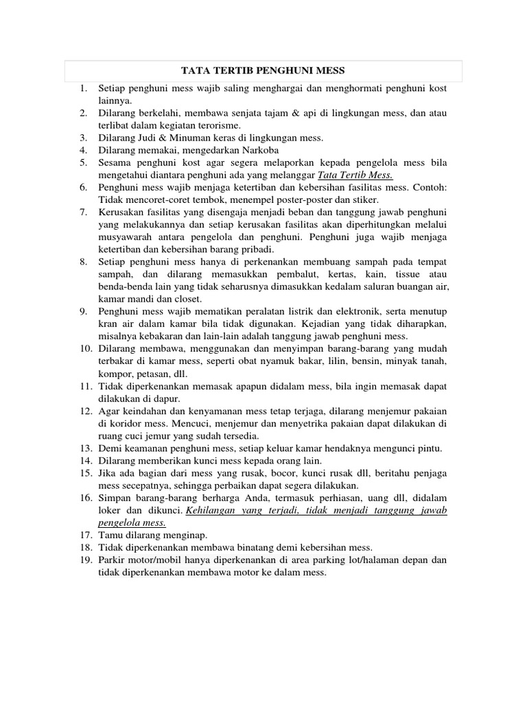 Tata Tertib Penghuni Mess | PDF