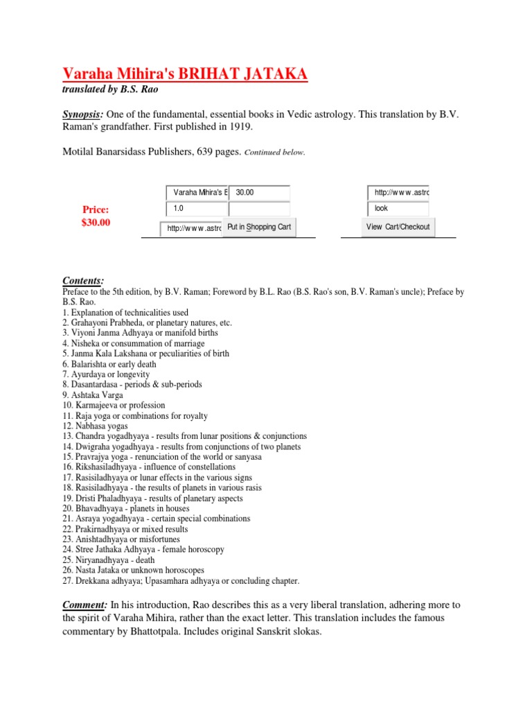 Brihat Jatak of Varaha Mihira | PDF | Astrology | Hindu Astrology