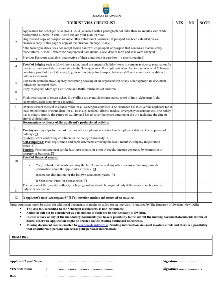 TOURIST VISA CHECKLIST (Sweden) | PDF | Travel Visa | Passport