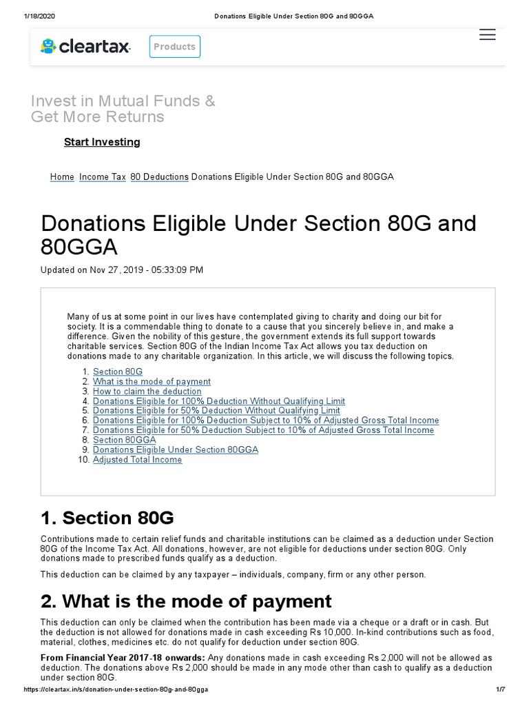 Donations Eligible Under Section 80G and 80GGA | PDF | Tax Deduction ...