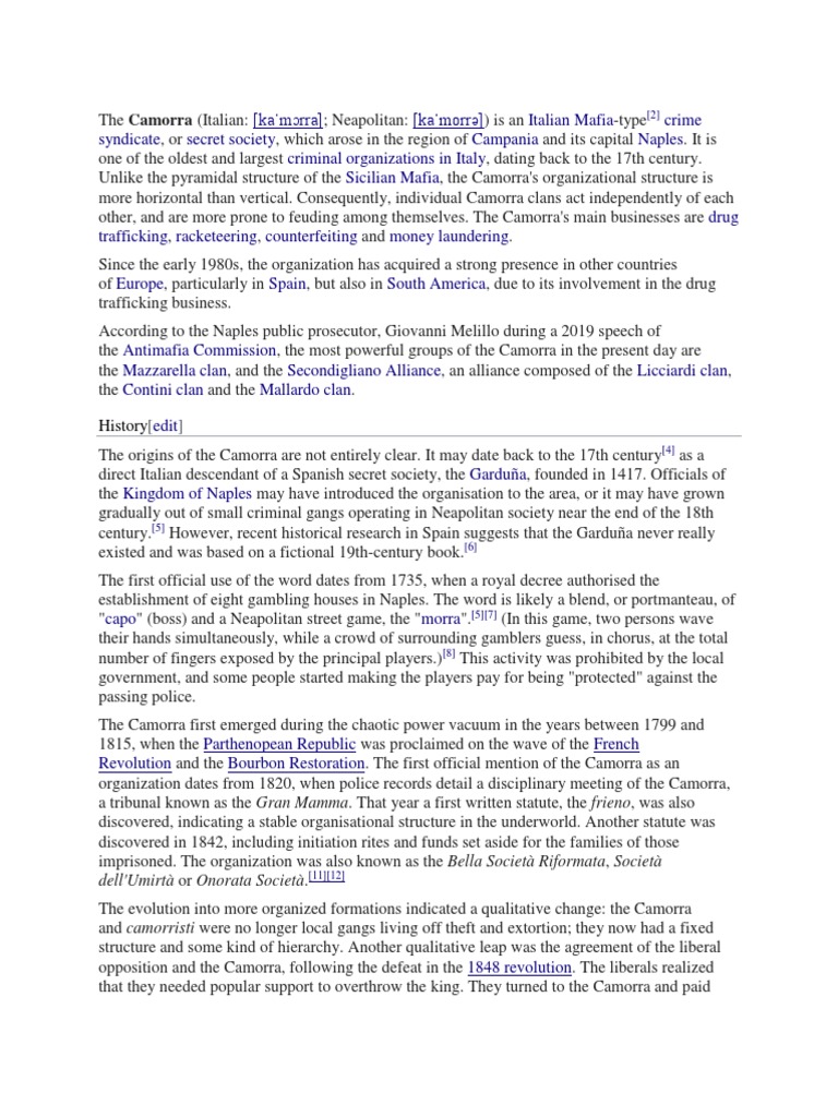 The History and Organizational Structure of the Camorra Crime Syndicate ...
