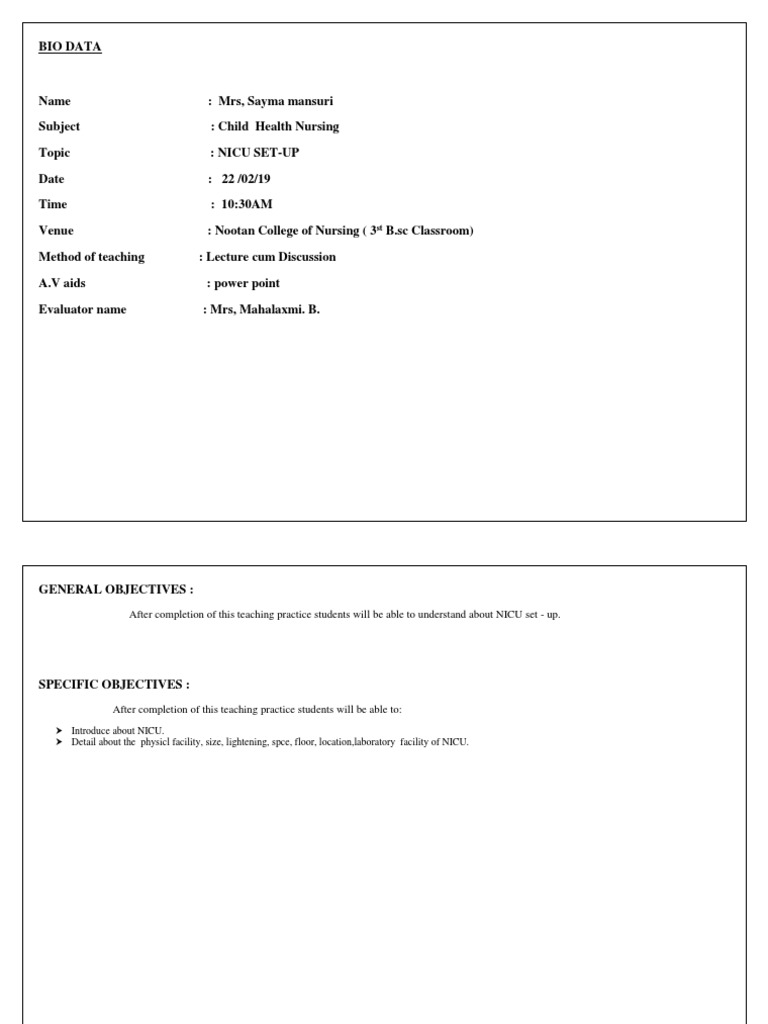 Nicu Lesson Plan | PDF | Neonatal Intensive Care Unit | Neonatology