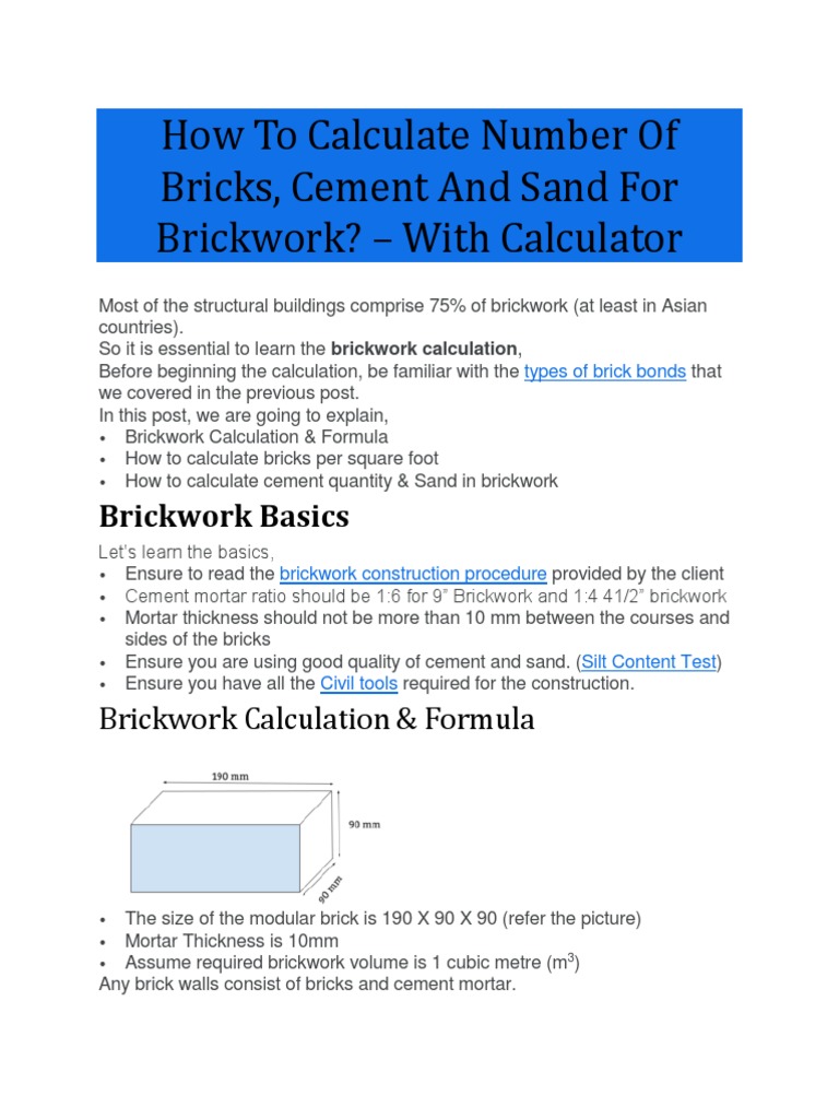 Brickwork Quantity Calculation Guide | PDF | Mortar (Masonry) | Brick