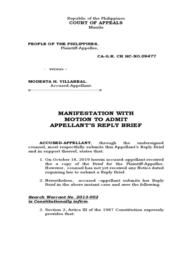 APPELLANT'S REPLY BRIEF - Modesta Villareal | PDF | Search And Seizure ...