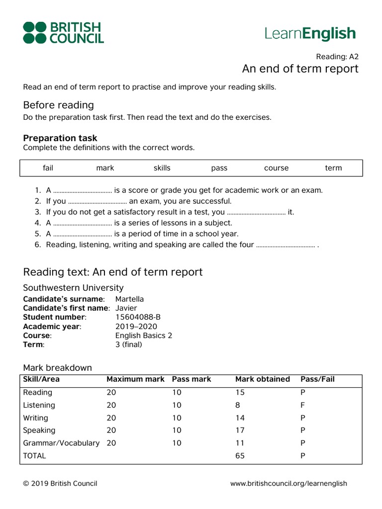 Learnenglish Reading A2 An End Of Term Report Pdf Pdf Test