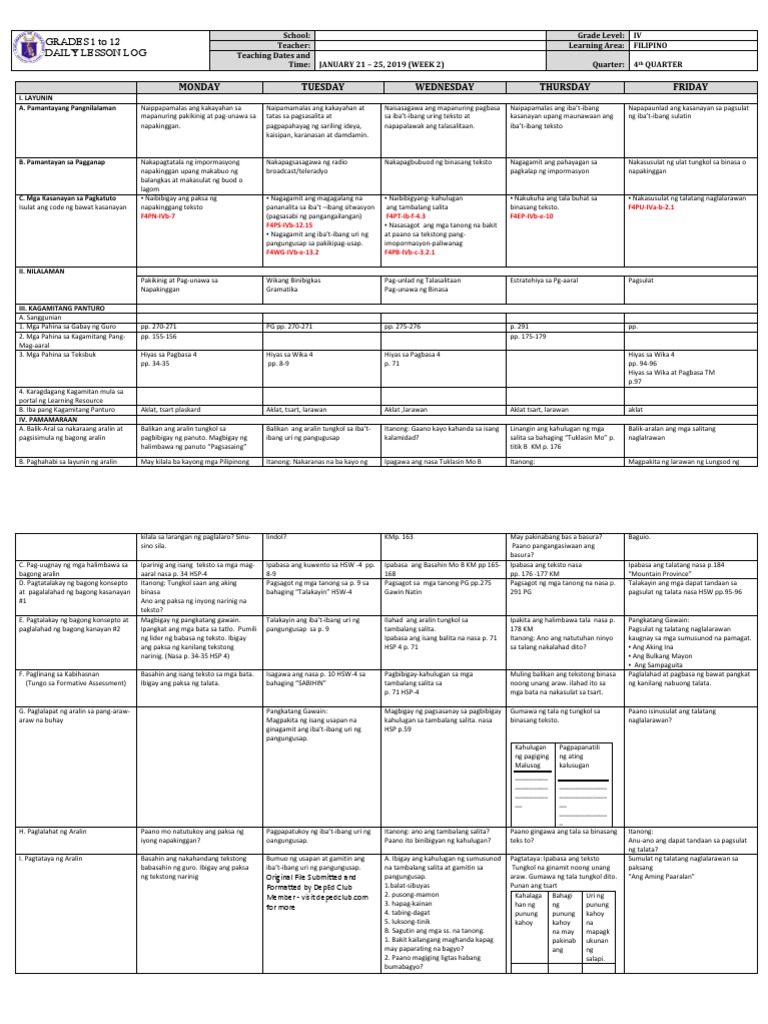 DLL - Filipino 4 - Q4 - W2 | PDF