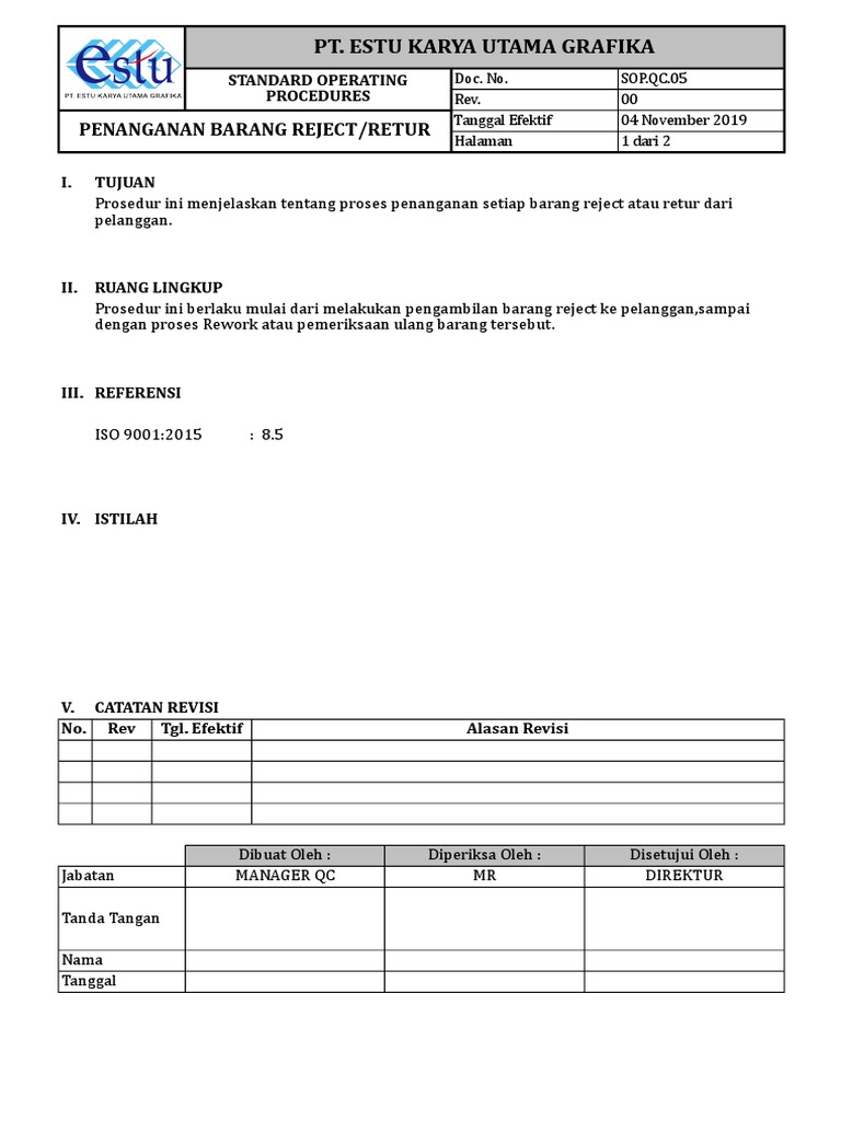 SOP - QC.05 Penanganan Barang Reject Atau Retur | PDF