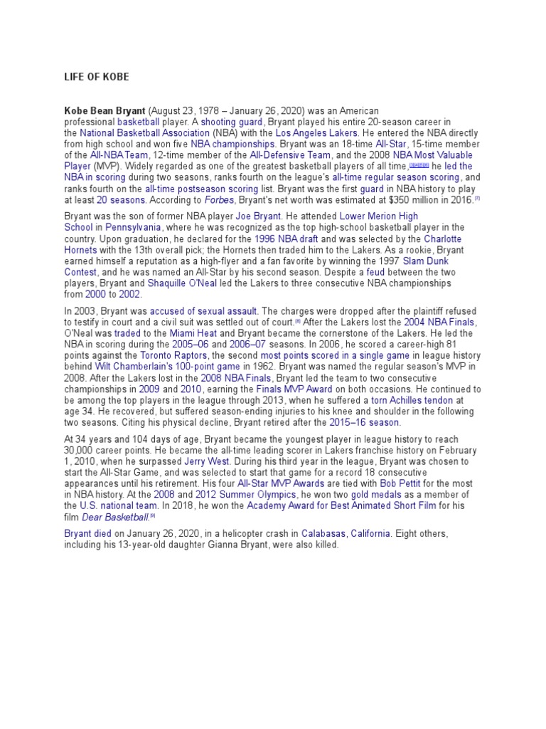The Life and Legacy of a Legend: Kobe Bryant's Illustrious 20-Year NBA ...