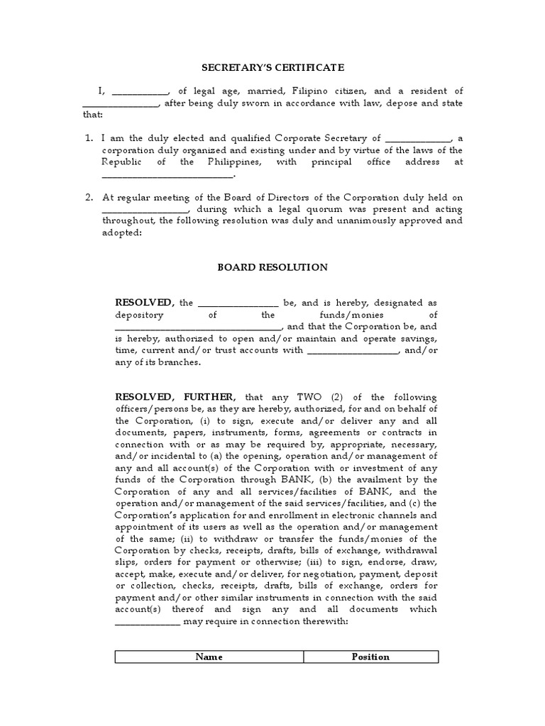 Authorization of Bank Signatories and Specimen Signatures for [Company ...