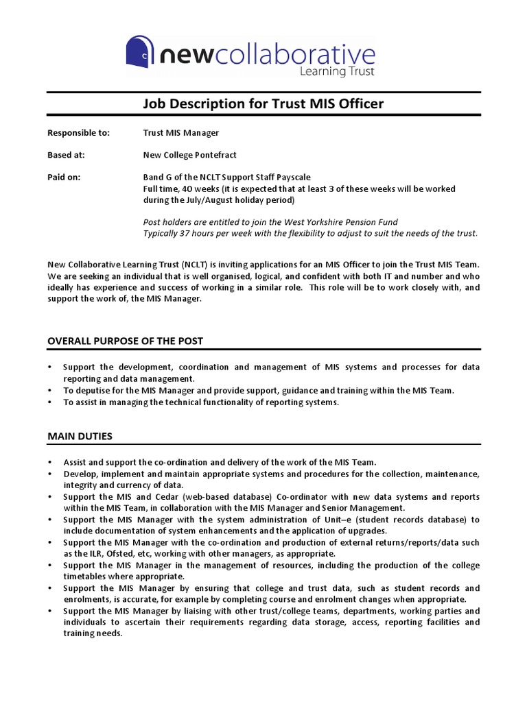 Trust MIS Officer Job Description | PDF | Management Information System ...