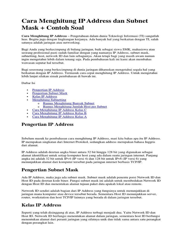 Cara Menghitung IP Address Dan Subnet Mask | PDF | Metode & Bahan Ajar